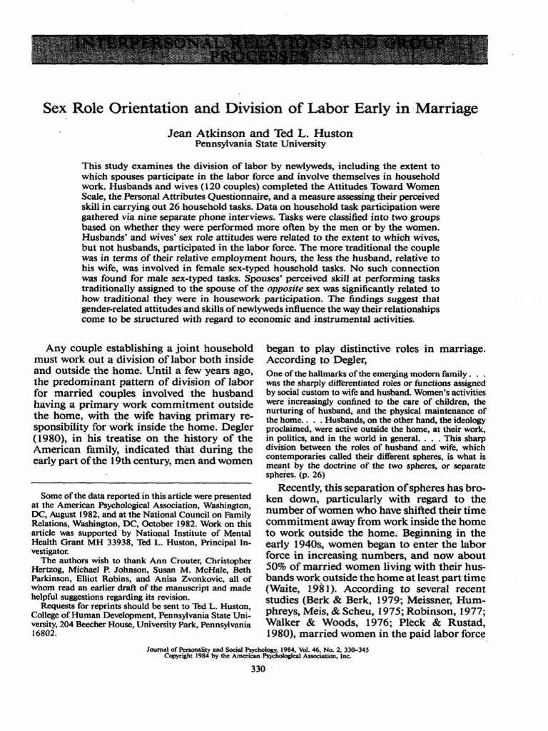 Sex Role Orientation And Division Of Labor Early In Marriage Pdf