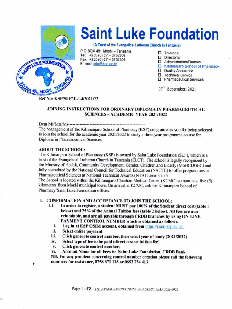 Joining Instructions First Year 2021 2022 | PDF