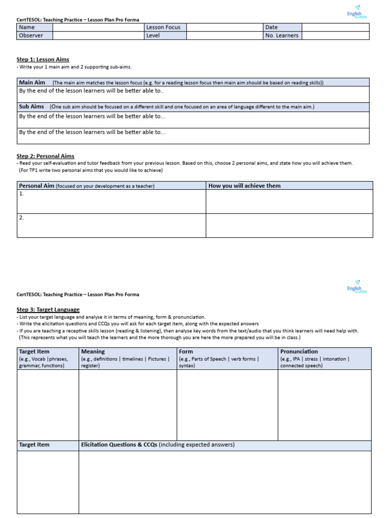 CertTESOL Lesson Plan Template | PDF | Lesson Plan | Teachers