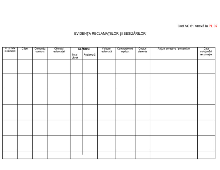 Formular Cod AC - 61 - Registru Reclamatii | PDF
