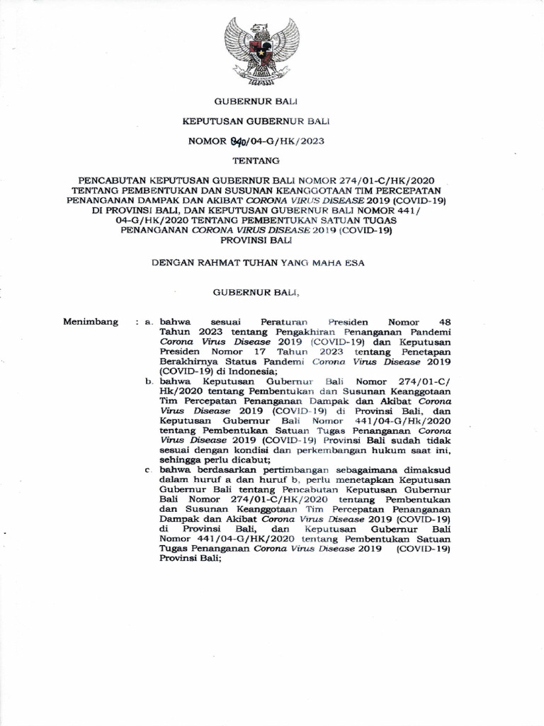 SK Pencabutan 3 SK Gubernur Bali TTD Dan CAP | PDF