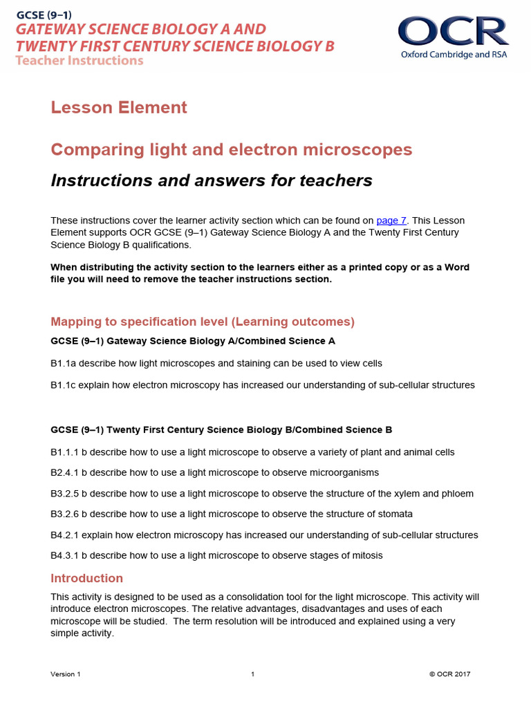 Comparing Light and Electron Microscopes Lesson Element | PDF