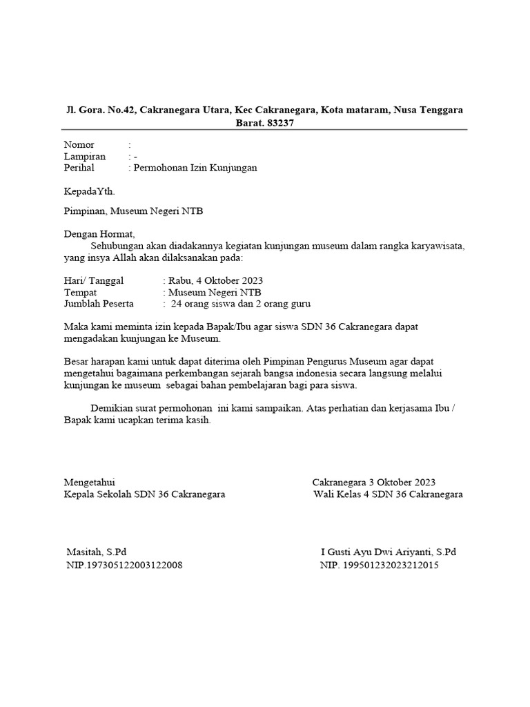 Surat Permohonan Kunjungan Ke Museum | PDF
