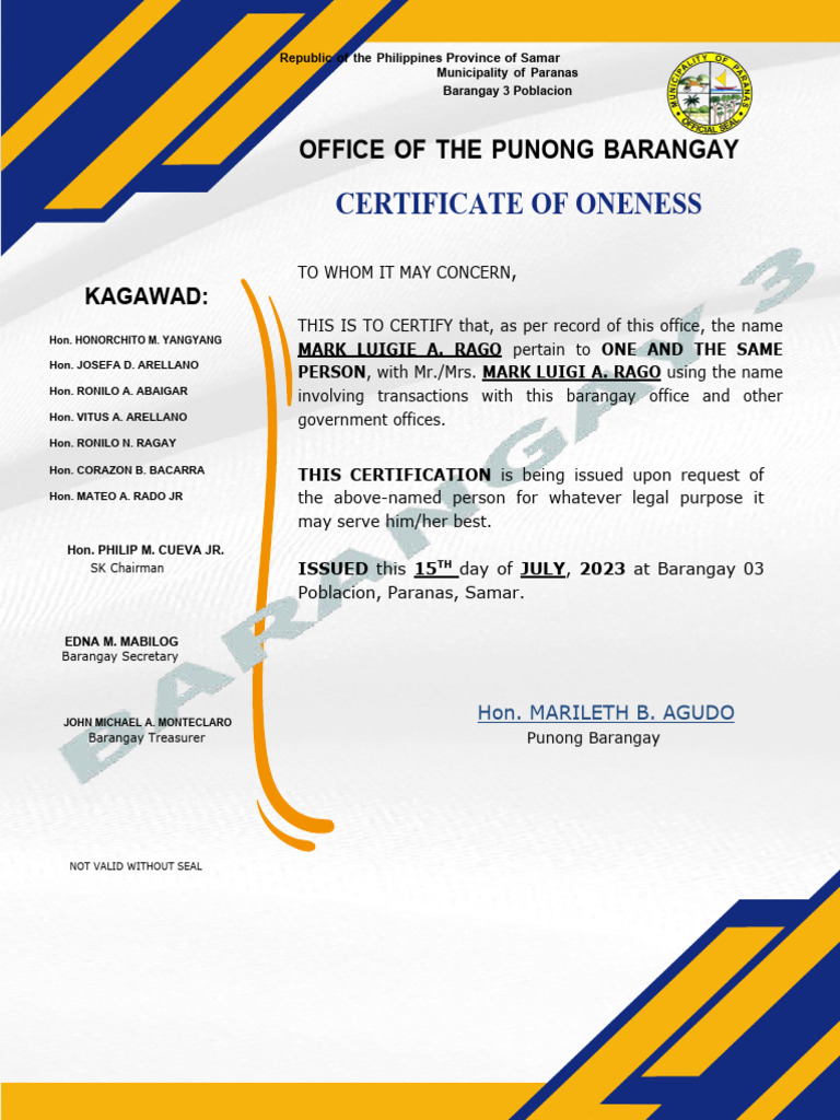 Certificate of Oneness Sample | PDF