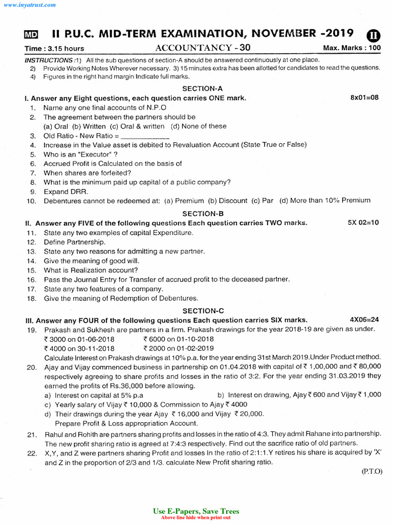 1st Puc Accountancy Mid Term Exam Question Paper Eng Version 2019-20 ...