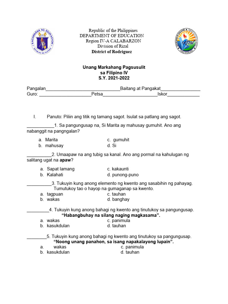 Grade 4 Unang Markahang Pagsusulit Sa Filipino | PDF