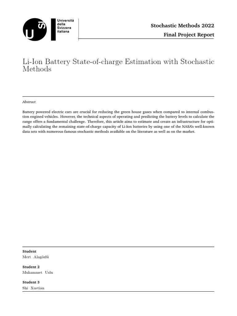Li Ion Battery State Of Charge Soc Estimation With Stochastic Methods Pdf