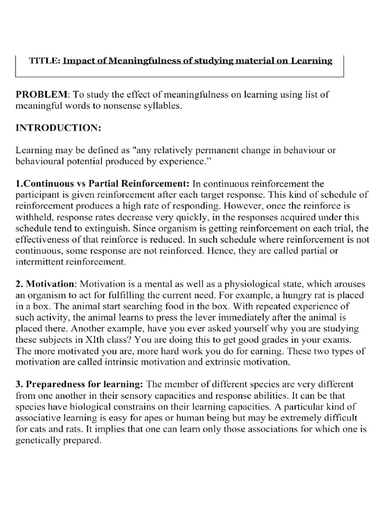 Impact of Meaningfulness of The Studying Material On Learning | PDF