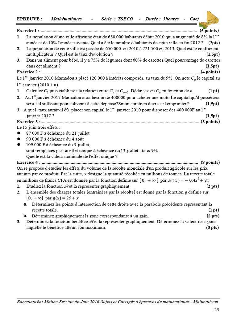 BAC TSEco MATH 2016 Correction | PDF