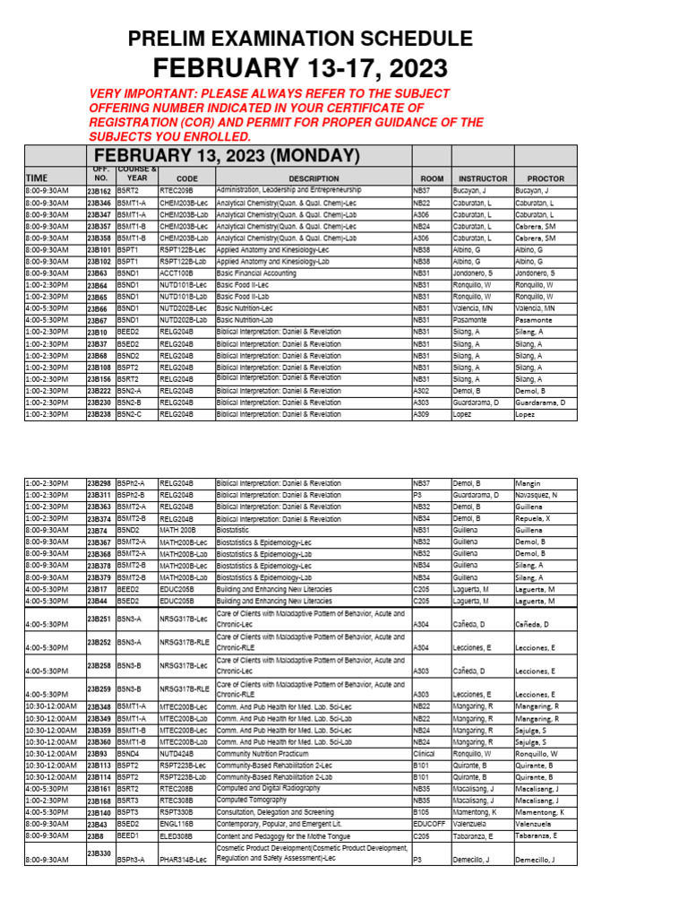 Prelim Examination Schedule SS 2022 2023 | PDF