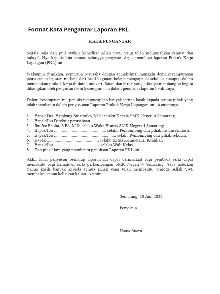 Format Kata Pengantar Laporan PKL | PDF