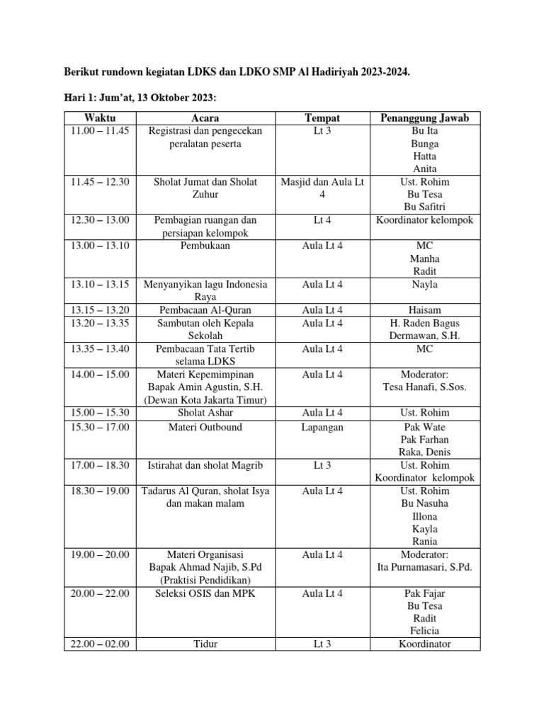 Rundown Kegiatan LDKS-LDKO 2023 | PDF