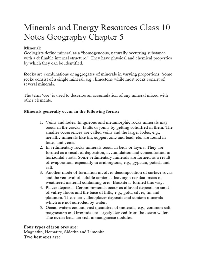 Minerals and Energy Resources Class 10 Notes Geography Chapter 5 | PDF ...