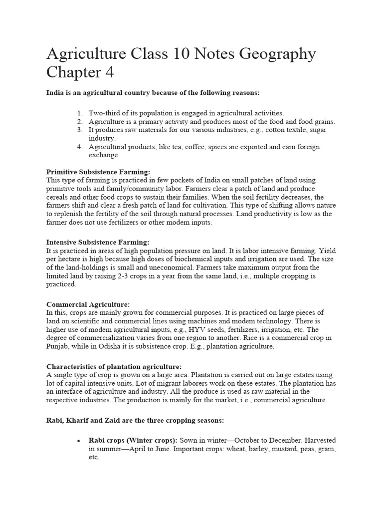 Agriculture Class 10 Notes Geography Chapter 4 | PDF