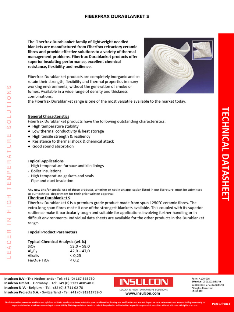 A1 004 Fiberfrax Durablanket S EN | PDF | Thermal Insulation | Fibers