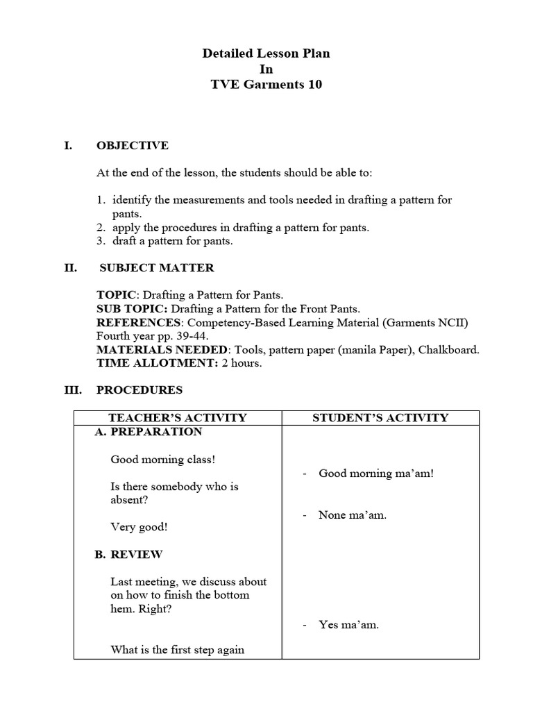 Drafting a Pants Pattern Lesson Plan | PDF