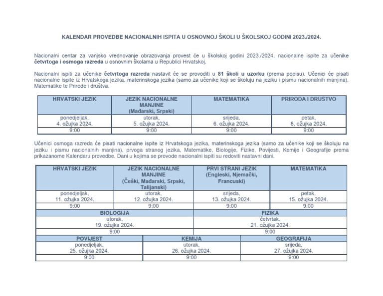 Kalendar-provedbe-nacionalnih-ispita-u-skolskoj-godini-2023._2024 | PDF