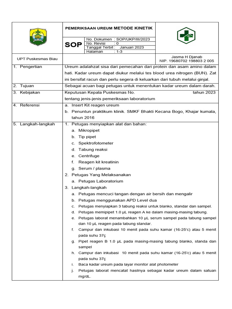 SOP Pemeriksaan Ureum Kinetik | PDF