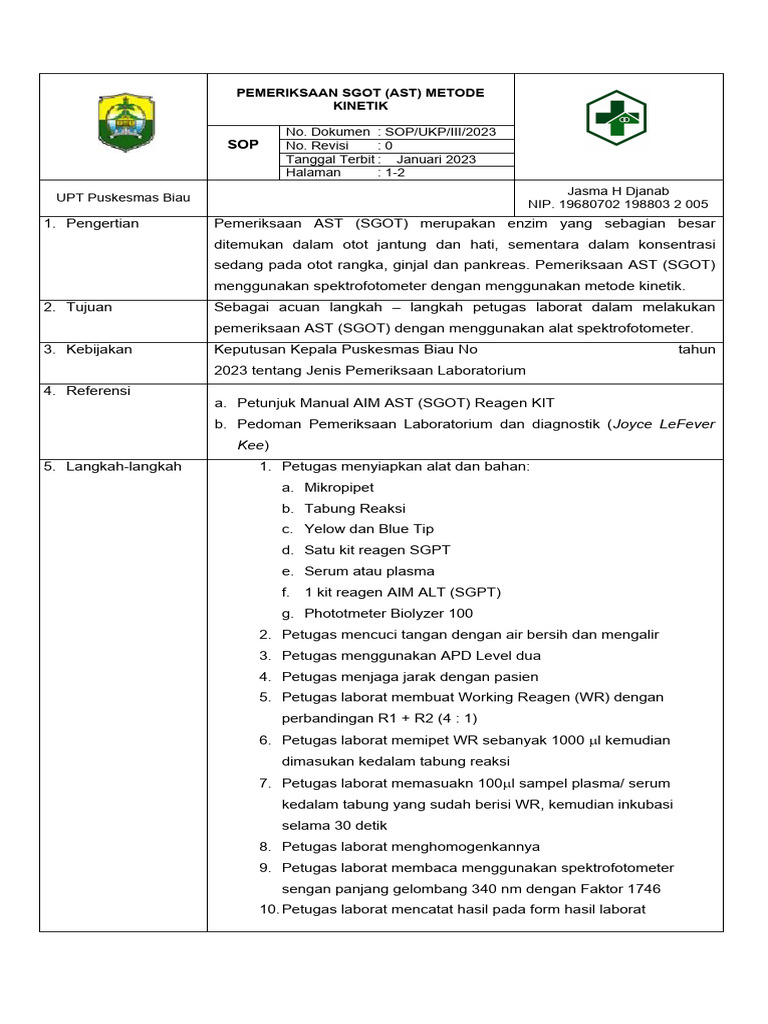7 Sop Pemeriksaan Sgot (Ast) Metode Kinetik | PDF | Teknologi & Rekayasa