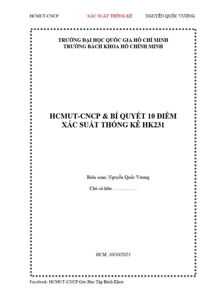 Công Thức Thi Giữa Kì Xác Suất Thống Kê HK231 | PDF