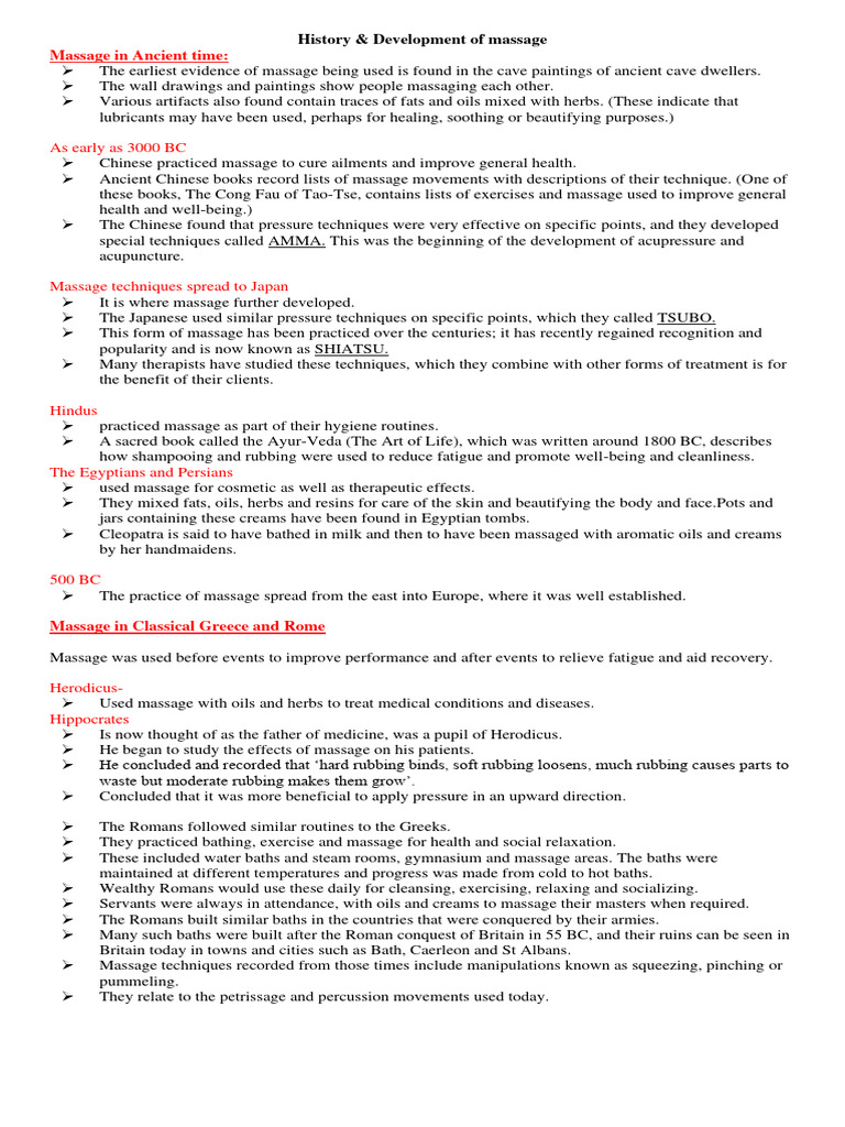 HISTORY and DEVELOPMENT OF MASSAGE | PDF