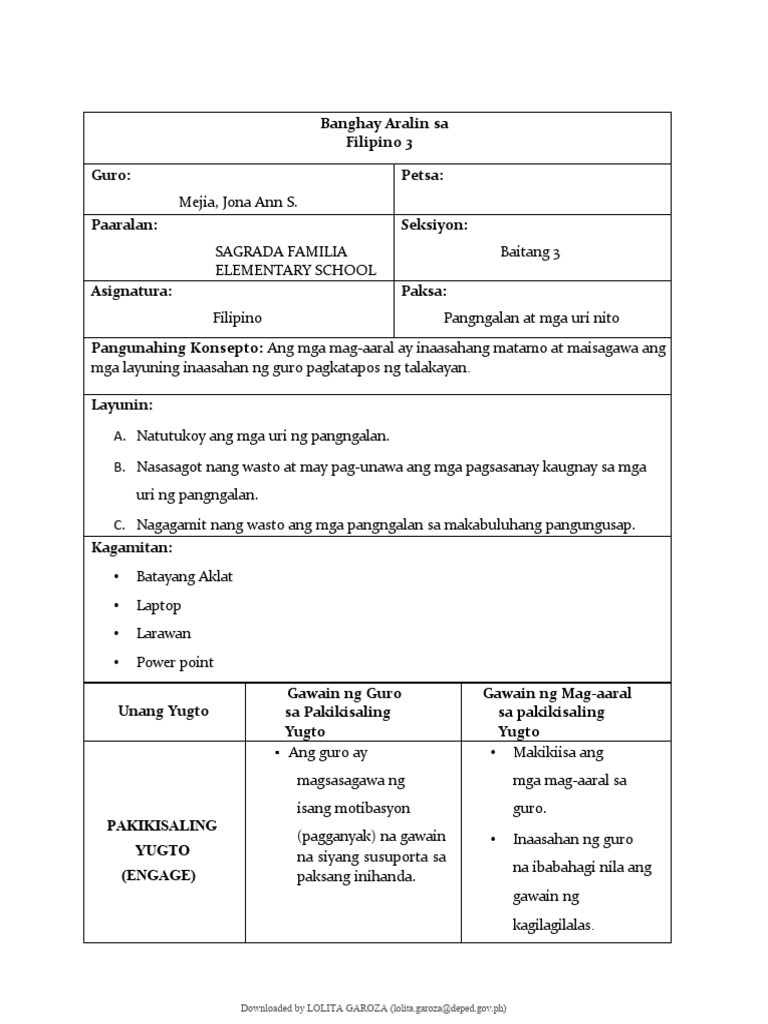 Filipino 6 5es Lesson Plan Sample | PDF