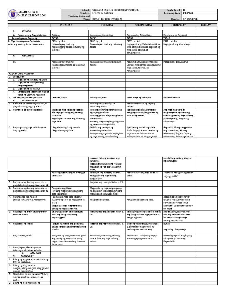 DLL Filipino-3 Q1 W7 | PDF