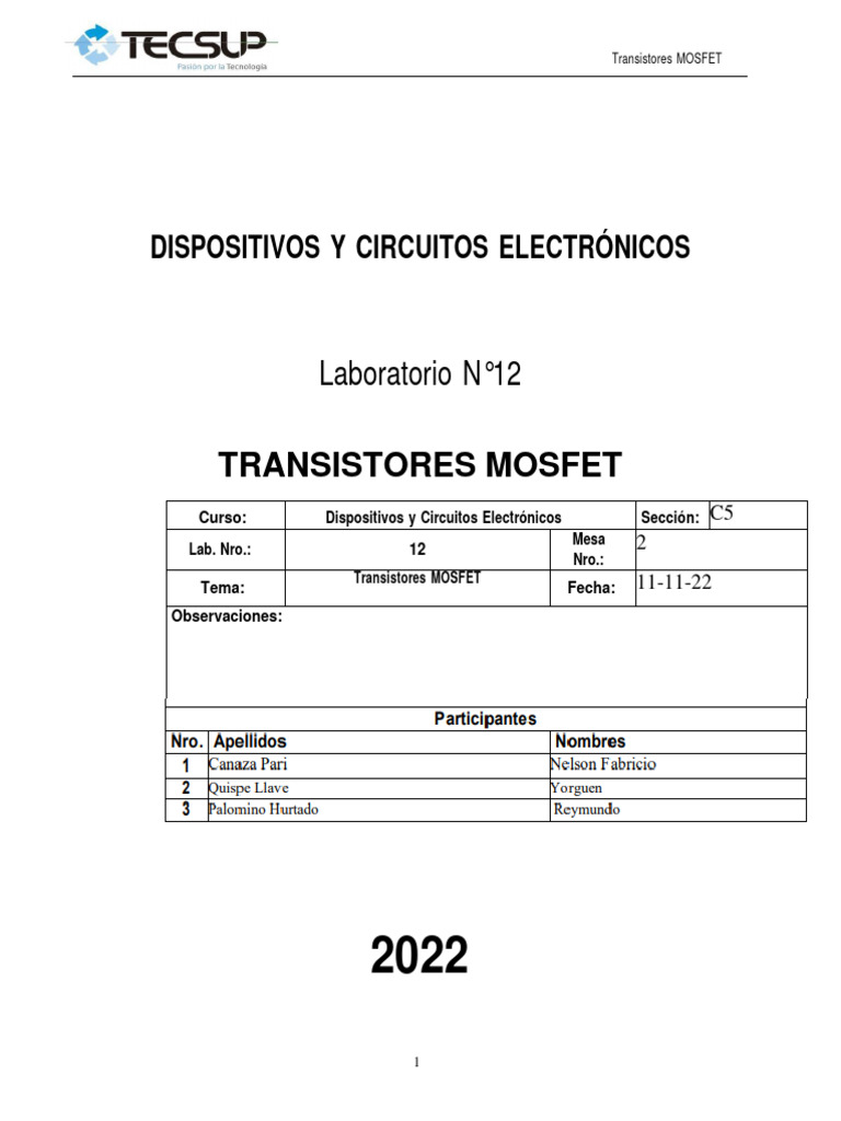 Lab - 12 Transistor MOSFET | PDF