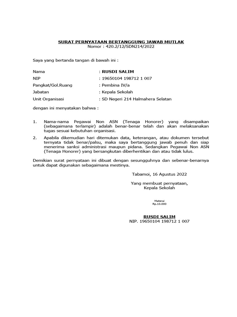 Surat Pernyataan Bertanggung Jawab Mutlak | PDF