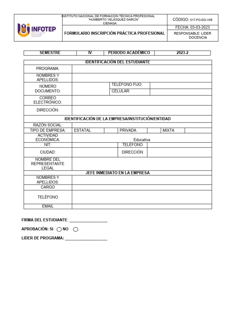 017-Fo-Do-V05 - Formulario Inscripción Práctica Profesional Programas Técnicos Profesionales | PDF