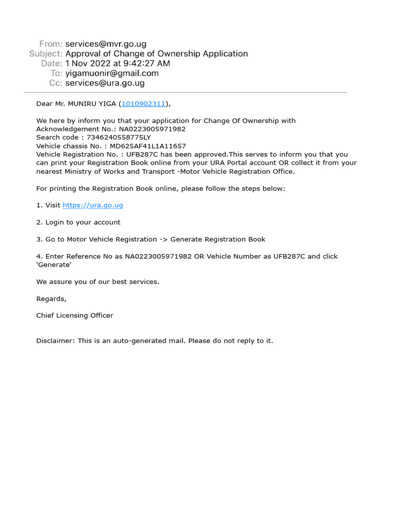 Vehicle Ownership Change Approval Notice | PDF