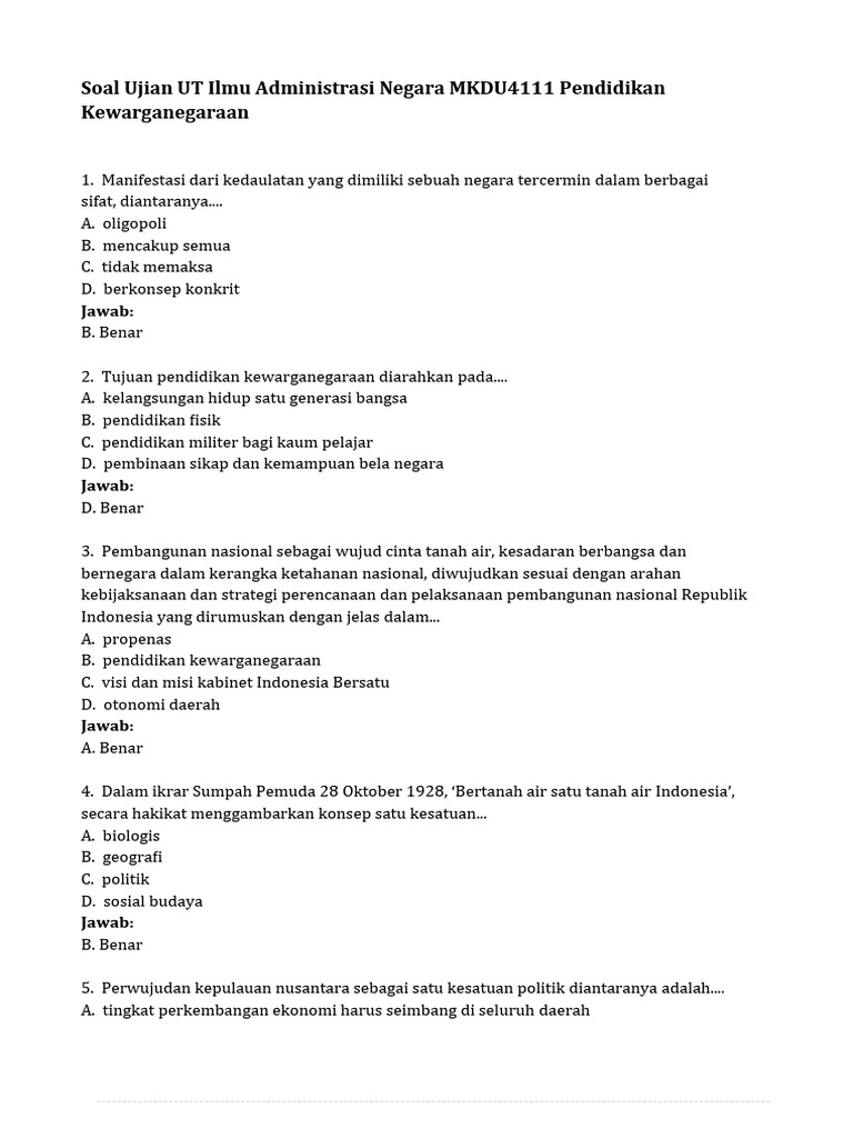11 - Soal Ujian MKDU4111 Pendidikan Kewarganegaraan (1) | PDF