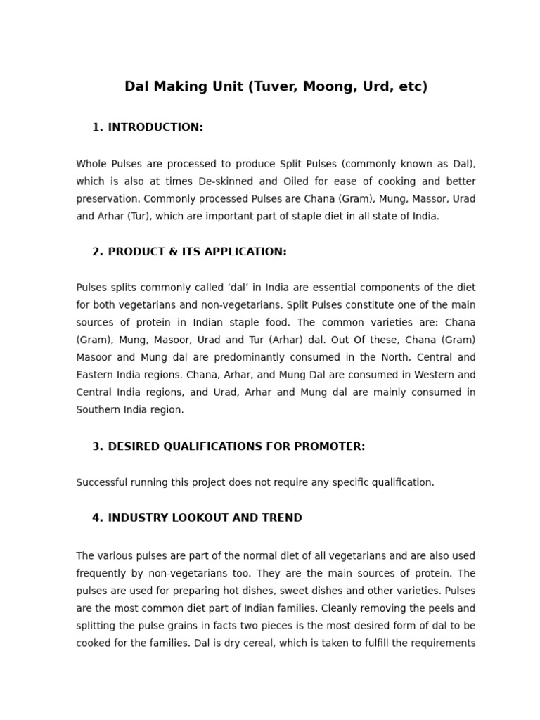 Dal Making Unit (Tuver, Moong, Urd, Etc) | PDF | Legume | Foods