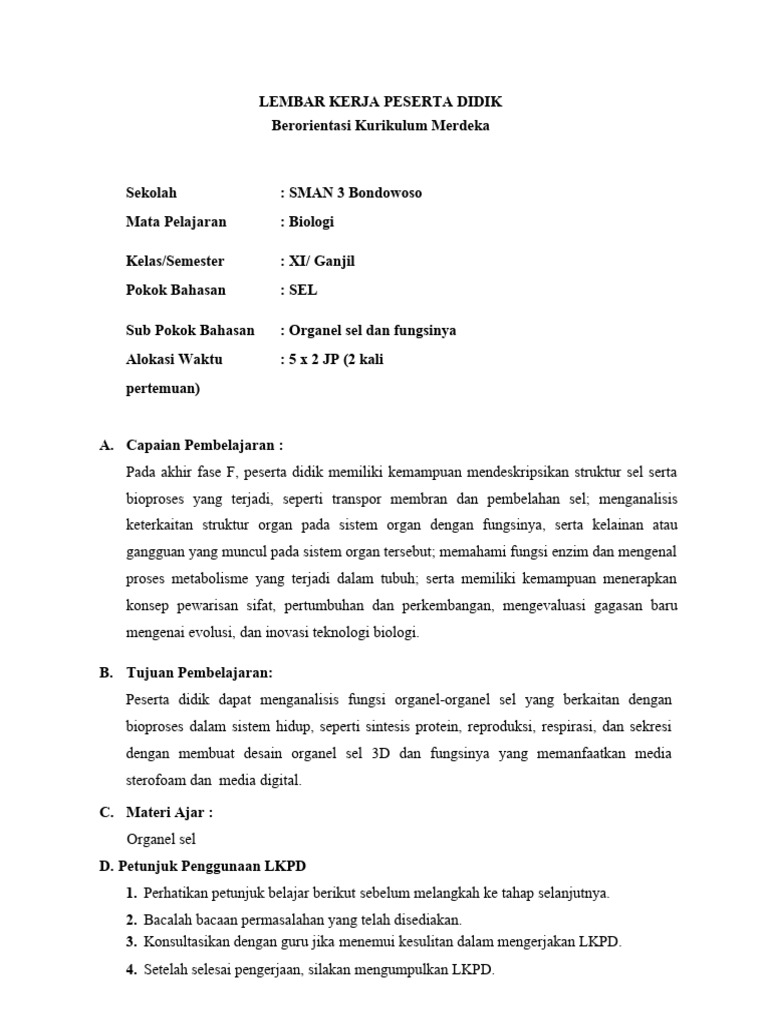 LKPD Sel Dan Jaringan Hewan Dan Tumbuhan | PDF