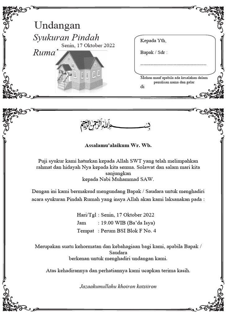 Undangan Syukuran Rumah Baru 3 | PDF
