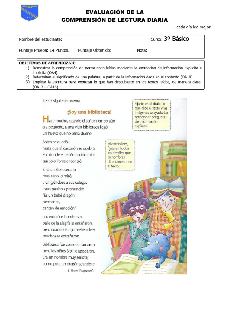 Evaluacion de Lectura 3º Básico Junio 2021 | PDF | Evaluación | Cognición
