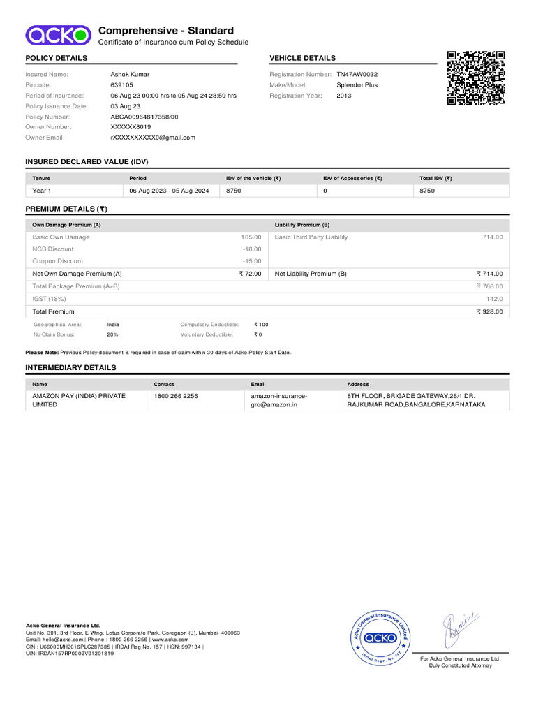 Comprehensive - Standard: Certificate of Insurance Cum Policy Schedule ...