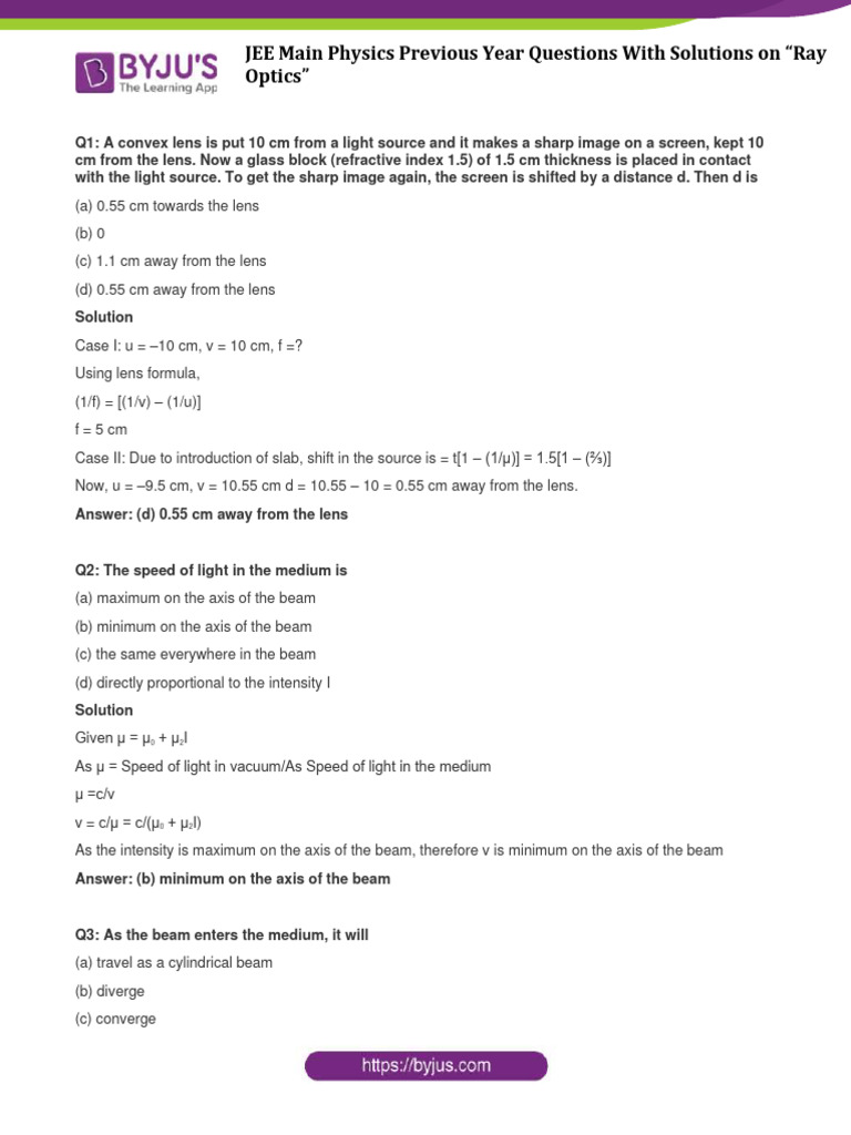 JEE Main Physics Previous Year Questions With Solutions On Ray Optics | PDF
