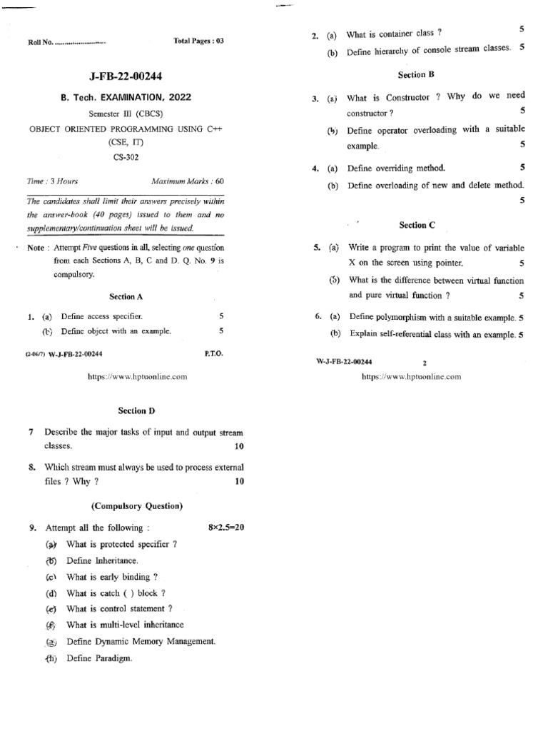 Btech Cs It 3 Sem Object Oriented Programming Using Cpp J Fb 22 00244