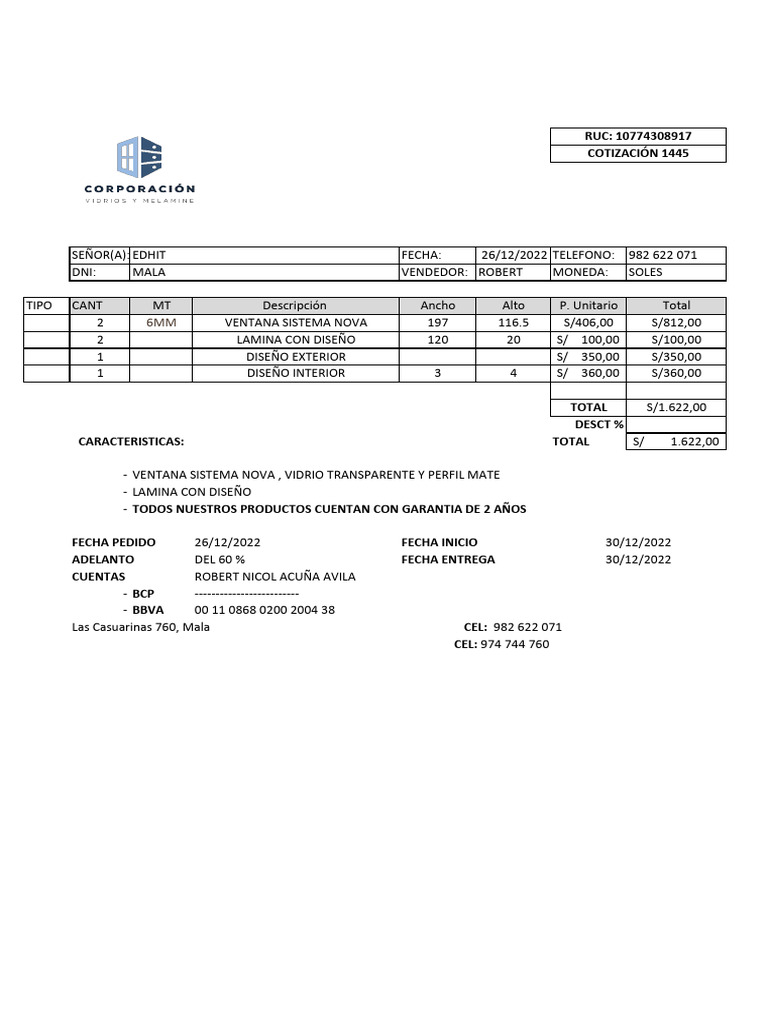 COTIZACIÓN 1445-EDITH - VENTANA LAMINADO-DISEÑO | PDF