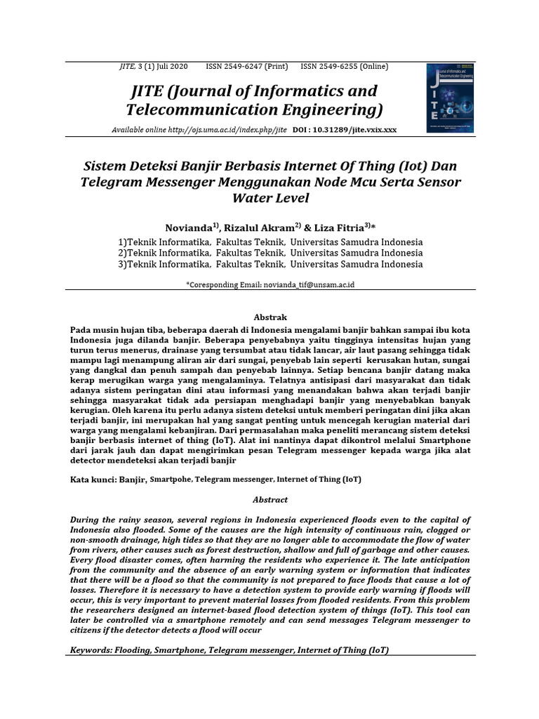 Sistem Deteksi Banjir Berbasis Internet Of Thing Iot Dan Telegram Messenger Menggunakan Node