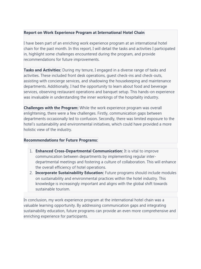 Report On Work Experience Program at International Hotel Chain | PDF