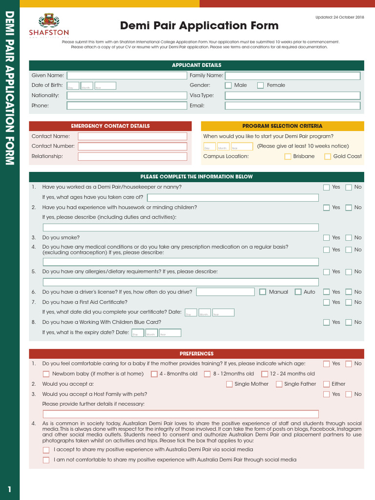 2018 Demi Pair Application Form 24 10 2018 e | PDF