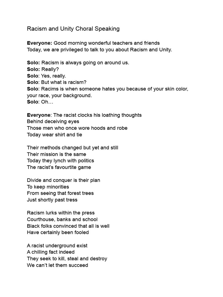 Racism and Unity Choral Speaking Script Sample | PDF