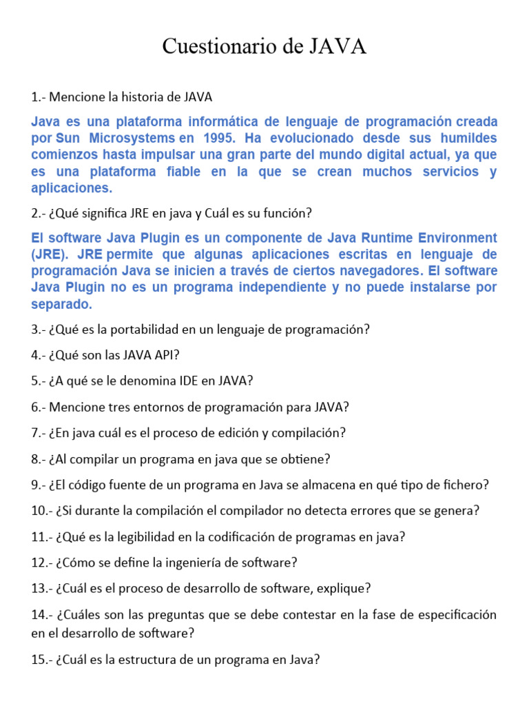 Cuestionario de JAVA | PDF