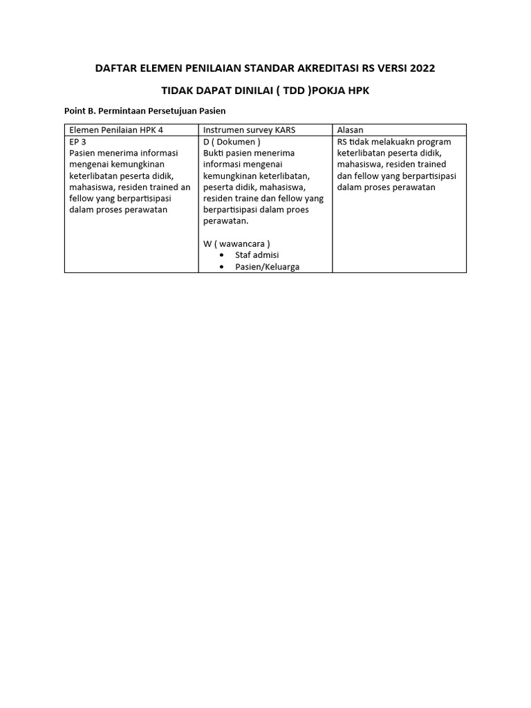 Daftar Elemen Penilaian Standar Akreditasi Rs Versi 2022 TDD 11 Oktober 2023 | PDF