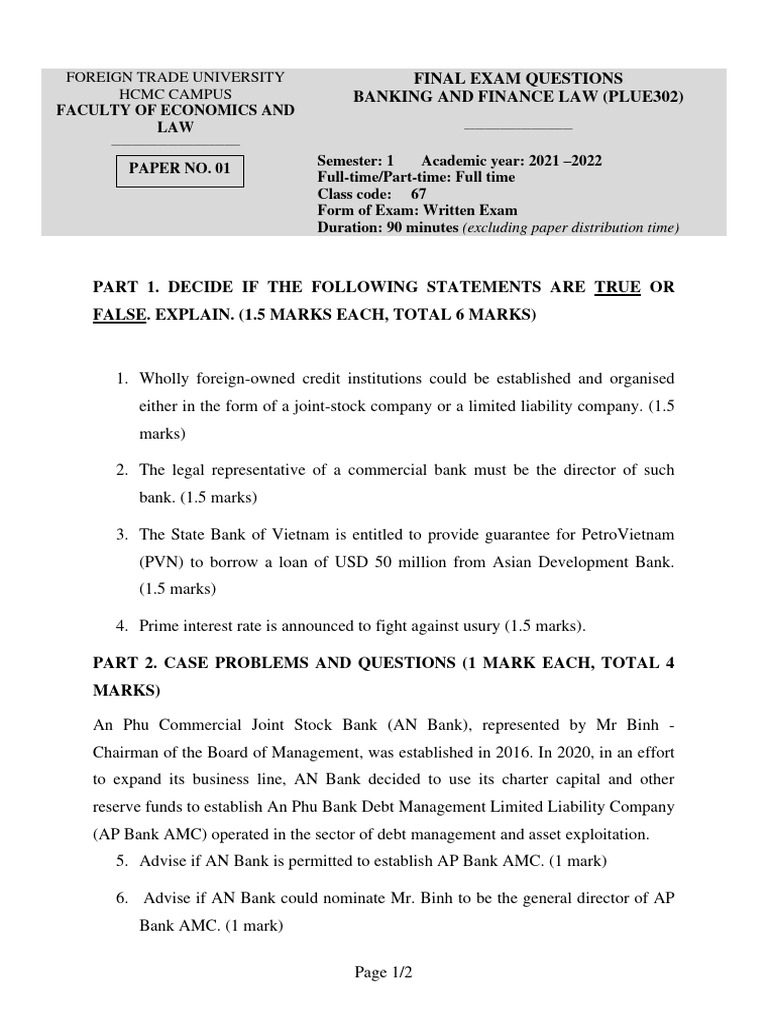 ML 67 Exam 1 Law Finance | PDF