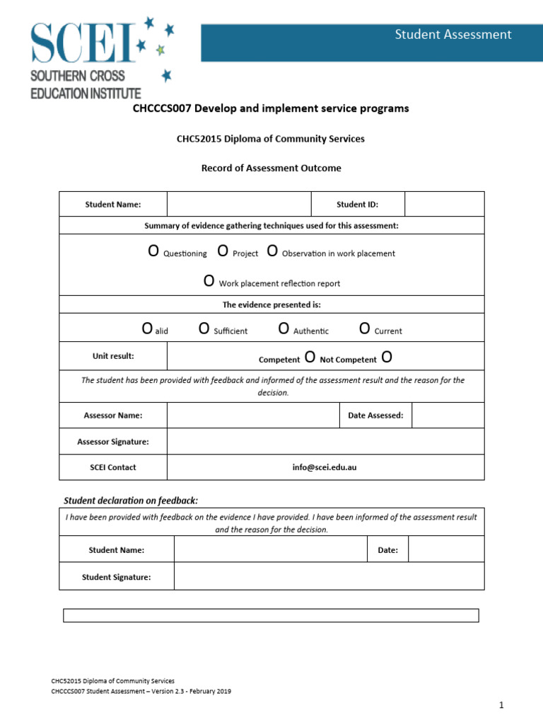 CHCCCS007 Student Assessment TASK 1 - Questions Template | PDF