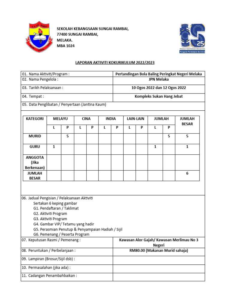 FORMAT LAPORAN AKTIVITI KOKURIKULUM | PDF
