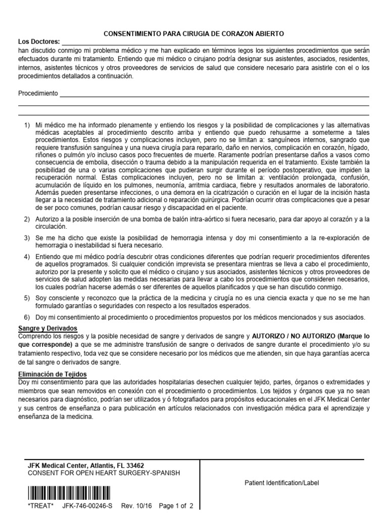 Consent For Open Heart Surgery Spanish | Descargar gratis PDF | Cirugía ...
